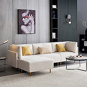 Garhelper L-Shaped Sectional Sofa couch,Convertible modular Sectional sofa with Double Chaise Ottoman Lounger and 3 Pillows,Linen Upholstered Free combination Extra Wide Seat for Living Room Apartment