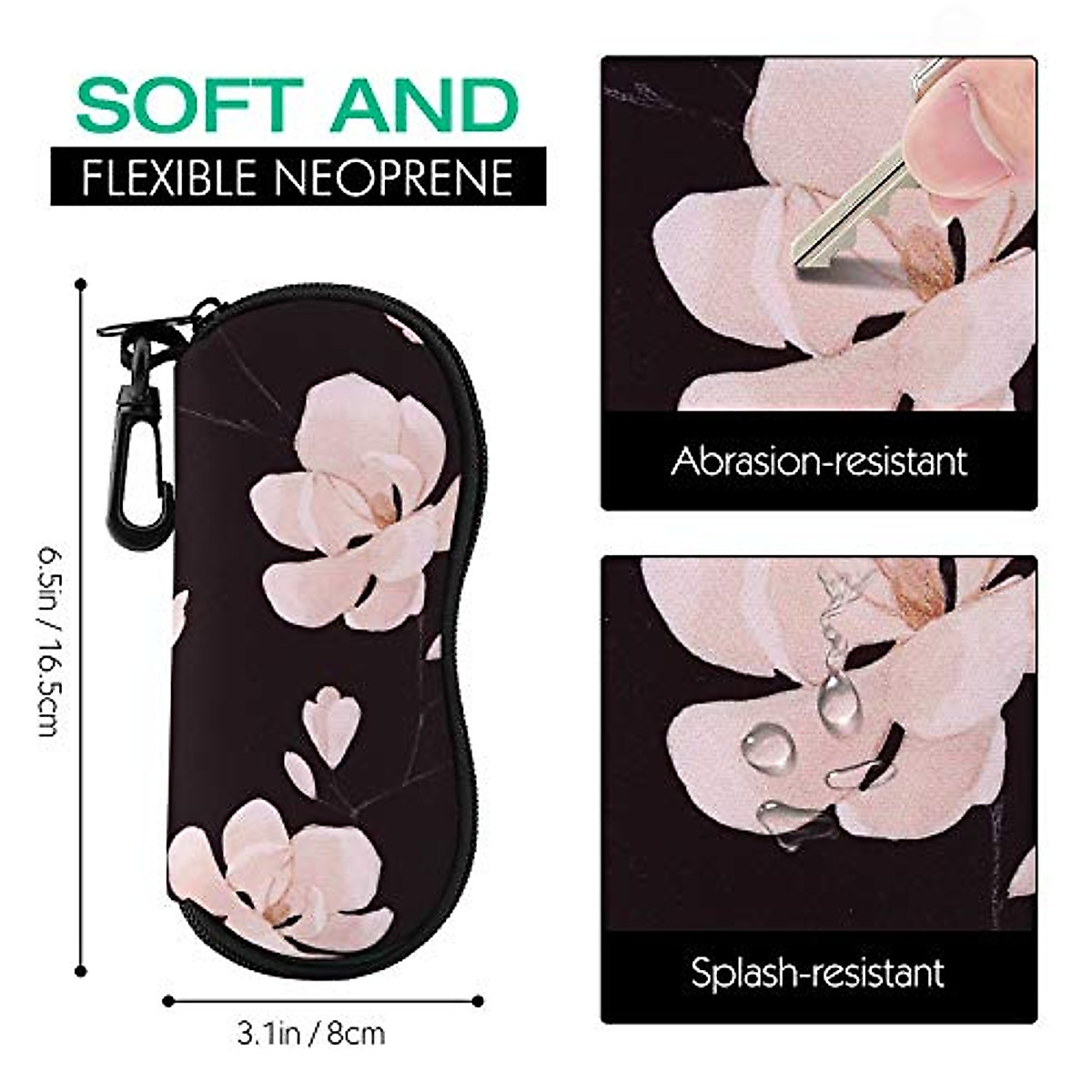 MoKo Sunglasses Soft Case Ultra Light Neoprene Zipper Eyeglass Case with Clip, Black & White Magnolia