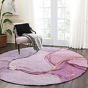 Round Area Rug Soft Fluffy Rugs Pink Marble Gradient Golden Texture,Non Slip Floor Mat Furry Carpet for Bedroom,Ocean Abstract Art Shaggy Circular Rugs for Living Room Nursery 48in