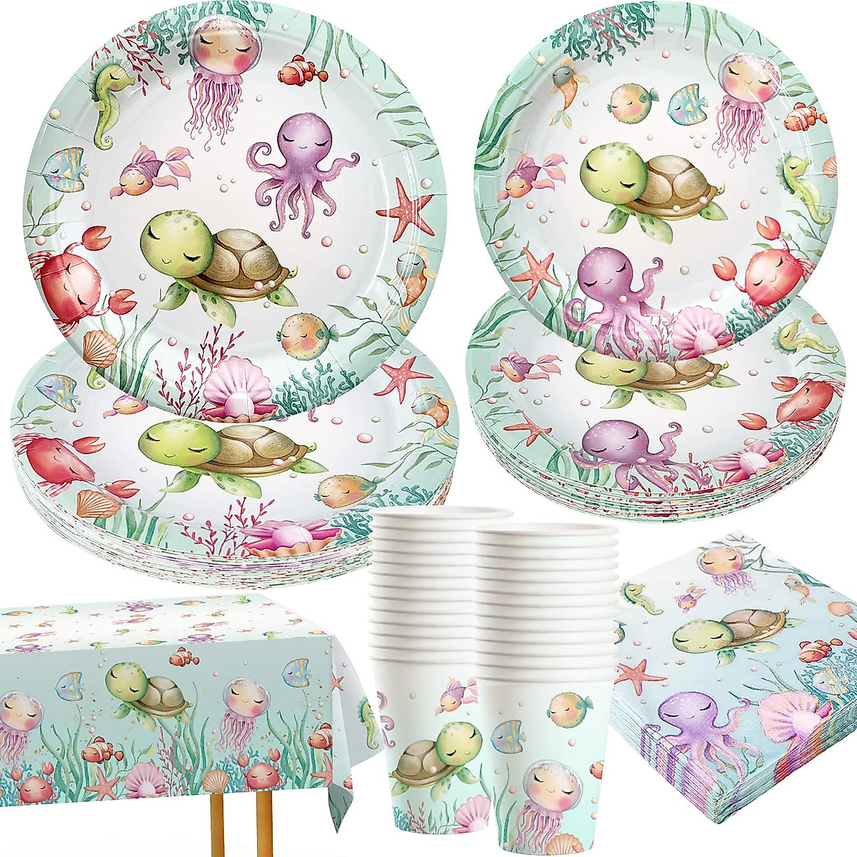 Under the Sea Party Decorations Turtle Birthday Decorations with Ocean Sea Life Plates Napkins and Cups for Underwater World Birthday Baby Shower Party Decorations Serves 30 Guests - 121 Pieces