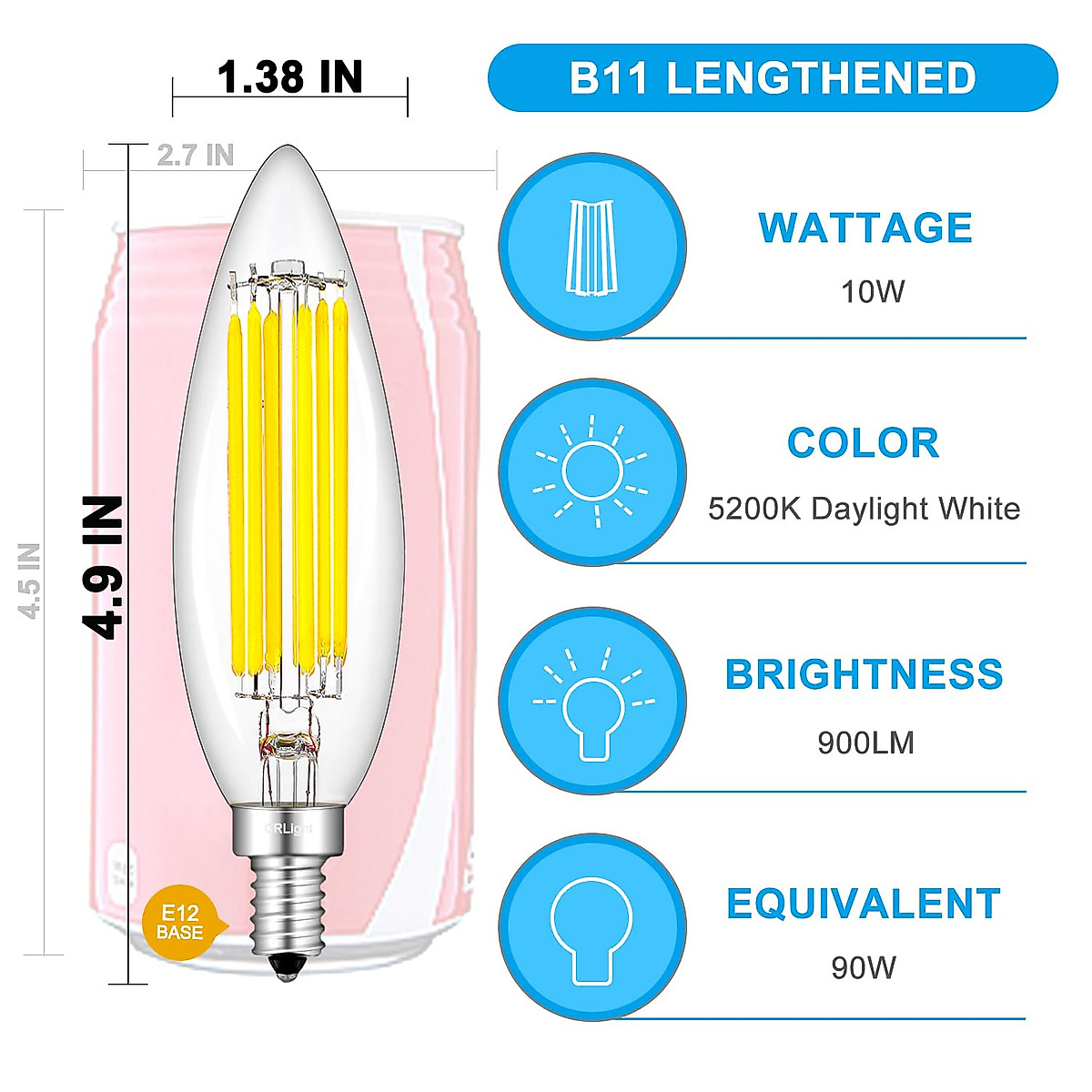CRLight 10W High Brightness Dimmable LED Candelabra Bulb 5200K Daylight White, 90W Equivalent 900LM E12 LED Bulbs, Upgraded Lengthened B11 Clear Glass Chandelier Light Bulbs, 4 Pack