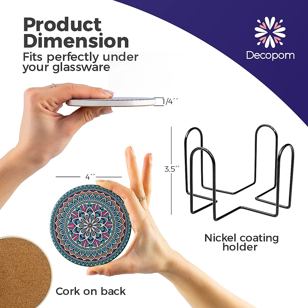 Mandala Drink Coasters with Holder - 8 Set Ceramic Boho Coaster for Drinks Absorbent with Cork Base and Black Holder - Coasters for Coffee Table Apartment Wooden Bar Mugs Glasses Cup Beer