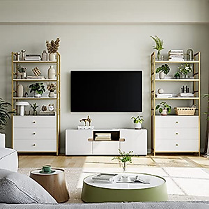 finetones Bookshelf with 3 Drawers, 71.2” Tall White and Gold Bookshelf with Open Shelves & Drawer to Display Flower for Home, Thickened Metal Frames