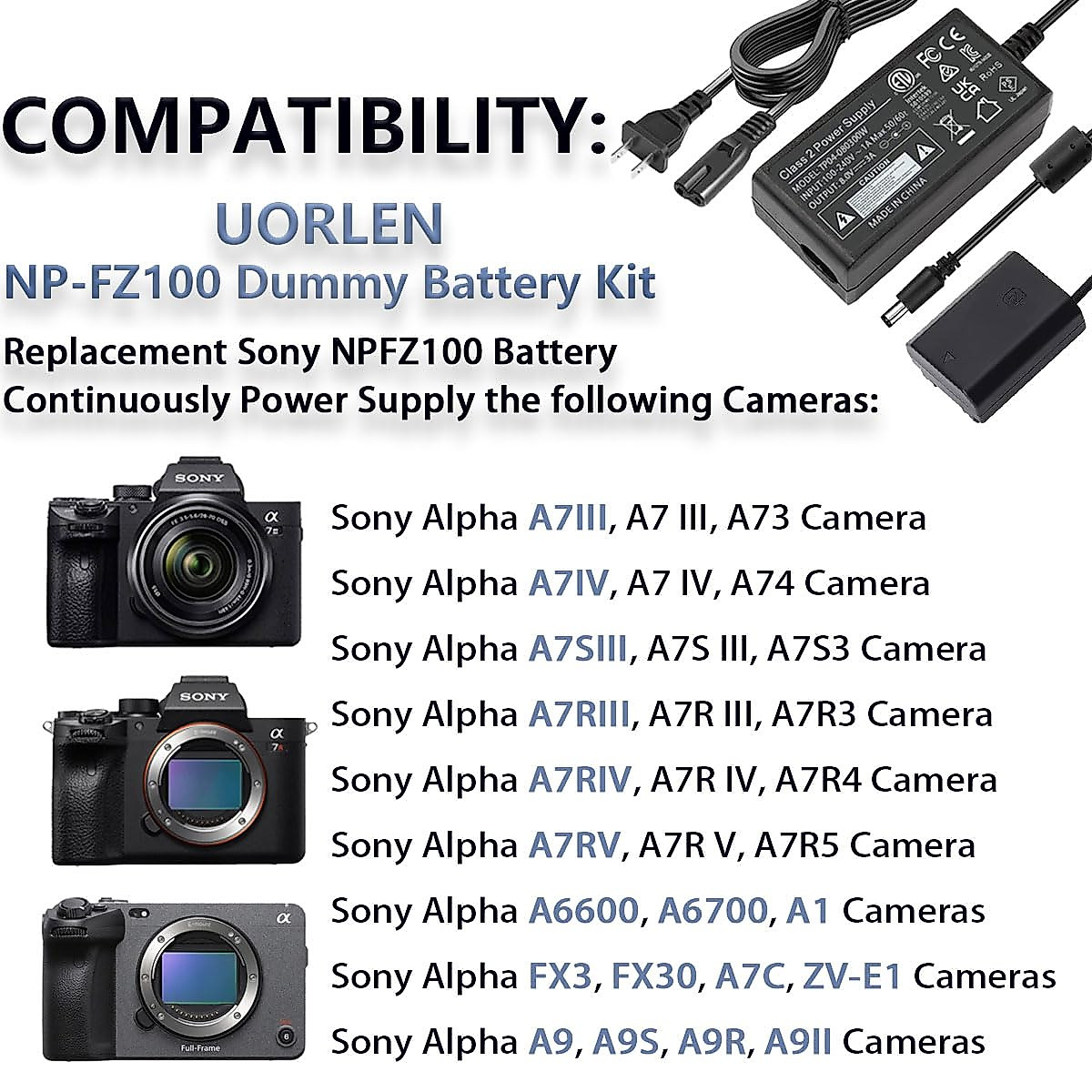 UORLEN NP-FZ100 A7III A7IV Dummy Battery AC Power Adapter Kit for Sony Alpha A7 III, A7 IV, A7SIII A7RIII A7RIV A7RV FX30 FX3 A7C A6600 A6700 A1 ZV-E1 A9, A7R III IV V Cameras