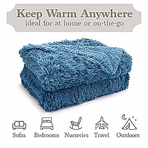 The Connecticut Home Company Throw Blanket, Soft Plush Reversible Shag and Sherpa, Warm Thick Throws for Bed, Comfy Washable Bedding Accent Blankets for Sofa Couch Chair, 65x50, Slate Blue
