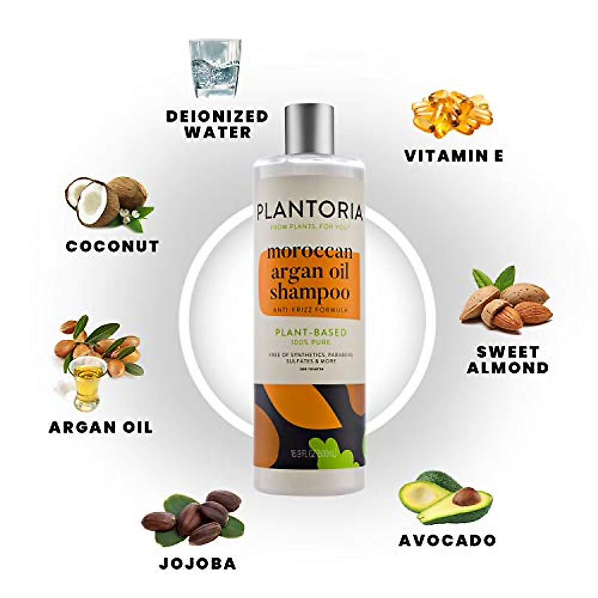 Plantoria Moroccan Argan Oil Shampoo | Plant Based Pure Vegan Organic Anti Dandruff & Frizz Hair Products for Women, Men, Teens, Kids | Natural Hair Shampoo With Coconut, Argan, Jojoba, Vitamin E