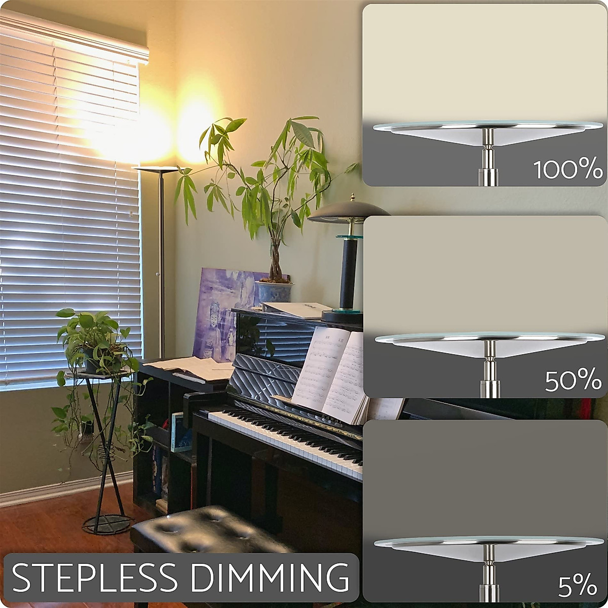 Kira Home Horizon 70" Modern LED Torchiere Floor Lamp (36W, 300W eq.), Glass Diffuser, Dimmable, Timer and Wall Switch Compatible, Adjustable Head, 3000k Warm White Light, Brushed Nickel Finish