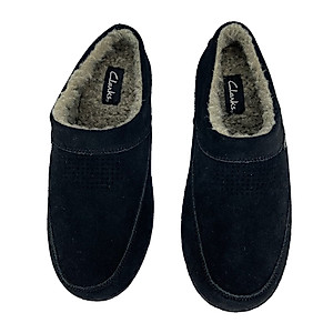 Clarks Mens Slipper Perforated Suede Leather Upper JMS0721 - Warm Plush Sherpa Lining - Indoor Outdoor House Slippers For Men (10 M US, Black)