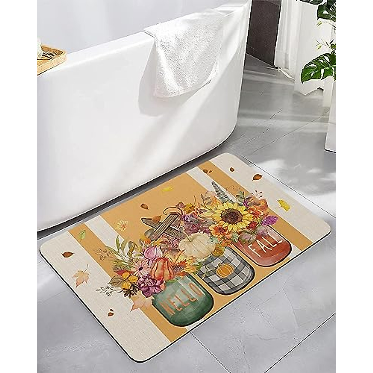 Bathroom Floor Shower Mat, Non-Slip Small Rugs - Easy to Clean, Fall Thanksgiving Sunflower Pumpkin Flower Durable Bath Rug 16"x24" Washable Quick Dry Diatomaceous Earth Mats for Bathtubs