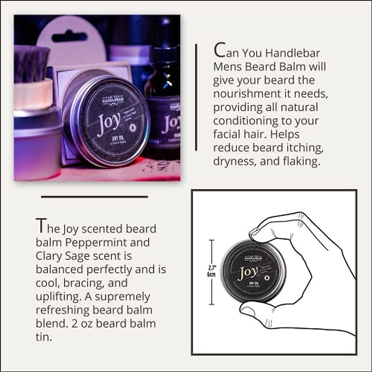 CanYouHandlebar Beard Balm for Men, Dry Oil Beard Wax, Natural Beard Care Conditioner Moisturizer Softener Grooming Products, Peppermint and Clary Sage Scent, 2 oz Stainless Steel Tin