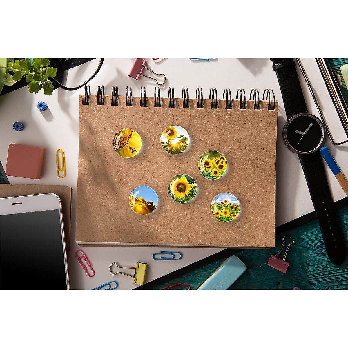 Sunflower Glass Fridge Magnets, Pretty Refrigerator Magnets for Kitchen School Office Cabinet Refrigerator Whiteboard Photo 6pcs