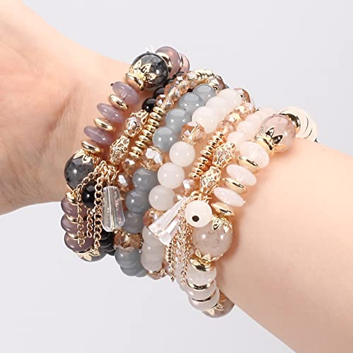 Bohemian Stackable Bead Bracelets for Women Stretch Multilayer Bracelet Set Multicolor Charm Jewelry 6 Sets
