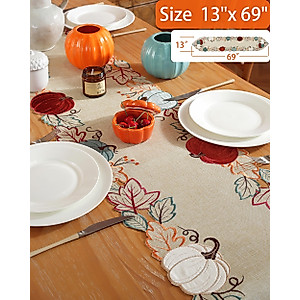 Thanksgiving Table Runner Fall Decorations for Home Fall Table Runner with Embroidered Velvet Pumpkins Maple Leaf. Halloween/ Christmas Table Decorations for Kitchen Dining Harvest Party Decor