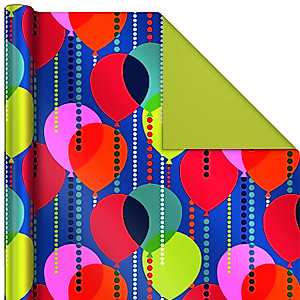 Hallmark Reversible Birthday Wrapping Paper Bundle (3-Pack: 75 sq. ft. ttl.) Balloons, Bright Green, Teal Stripes, White Polka Dots on Red