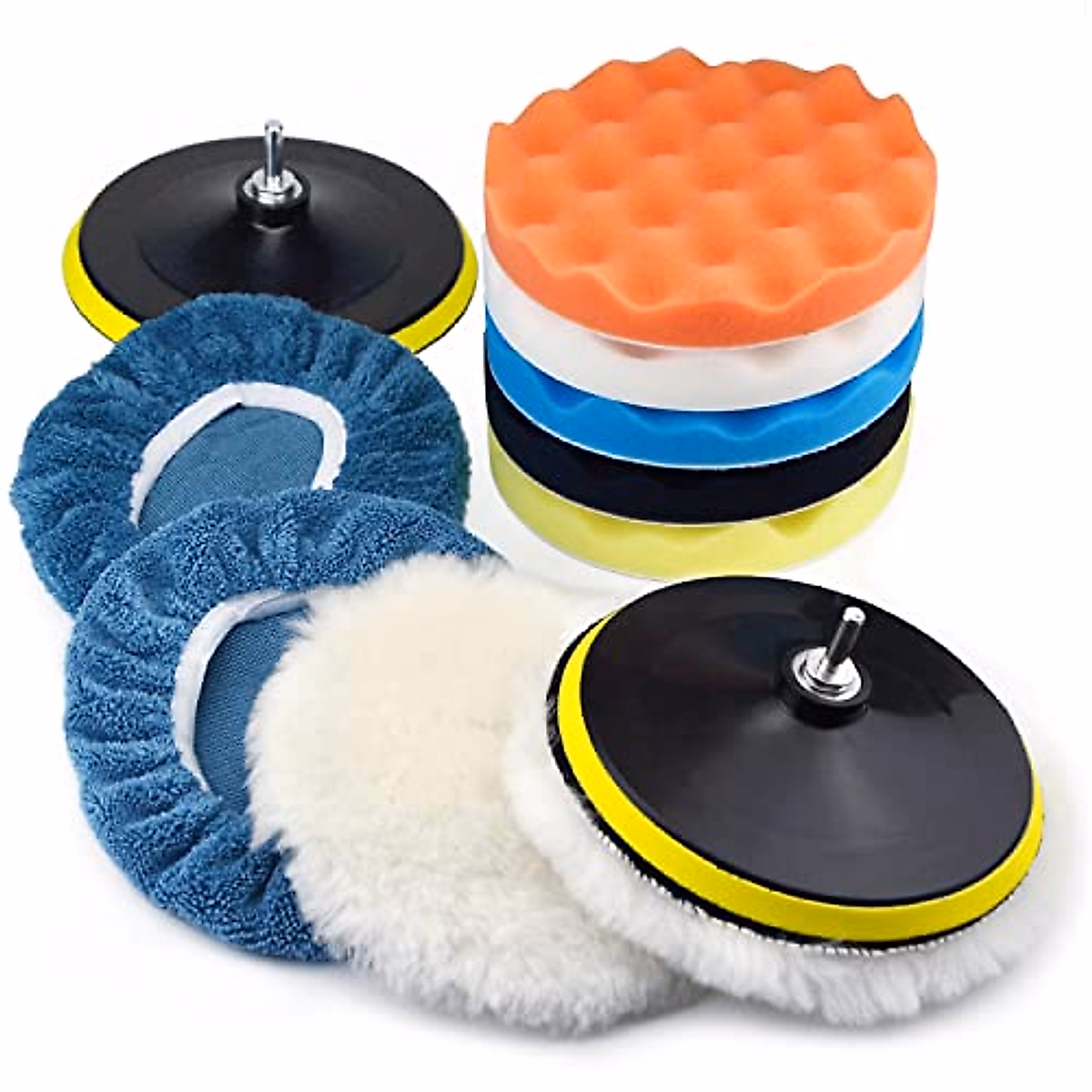 7 Inch Polishing Pads Kit Car Foam Sponge Pads Wool Bonnet Pads with 5/8-11 Thread Backing Pads & 8mm Adapters for Polisher & Electric Drill Auto Body Repair Pad for Waxing Buffing Sealing Glaze,13PCS