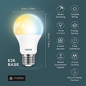 Linkind Matter Smart Light Bulb, Soft White to Daylight Tunable Alexa Light Bulbs, Smart Bulbs Work with Apple Home, Alexa, Google Home, SmartThings, 2.4GHz Wi-Fi LED, A19 E26, 800LM, 60W (4-Pack)