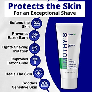 Timothy's Unscented Shave Gel 3 oz. travel size, Alcohol Free, Paraben Free, Fragrance Free, Clear and transparent visability, SLS Free, Sensitive Skin, Dermatology tested