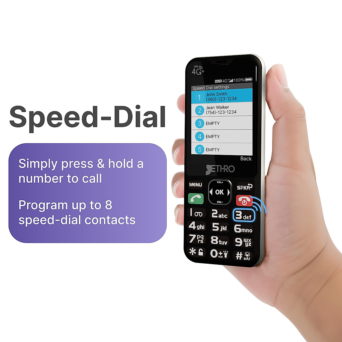 Jethro SC490 4G Unlocked Senior Cell Phone/Plan 6 Months, Unlimited Talk & Text, SIM Card Included, Easy-to-Use for Elders and Kids, Big Screen and Buttons, FCC Certified