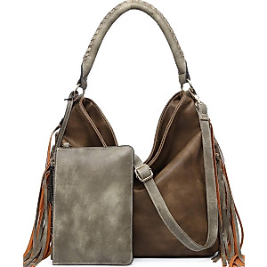 SHOMICO Womens Shoulder Bag Hobo Purse Crossbody Fringe Bags for Ladies Taupe Green Brown Large Big Oversize (Khaki)