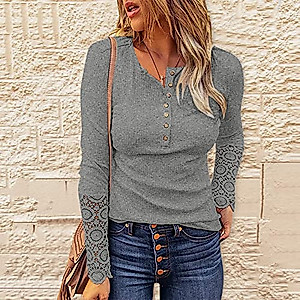 Womens Fall Tops,Long Sleeve Sexy Lace V-Neck Henley Shirts Casual Slim Fit Button Up Crochet Knit Pullover Blouses Gray