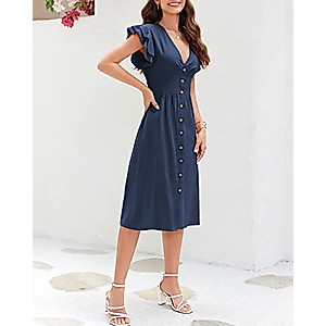 LAOCERENCE Womens Tea Party Elegant Midi Dress Ruffle Sleeves V Neck Slim Fit Tie Waist A line Dresses Summer Vocation Navy