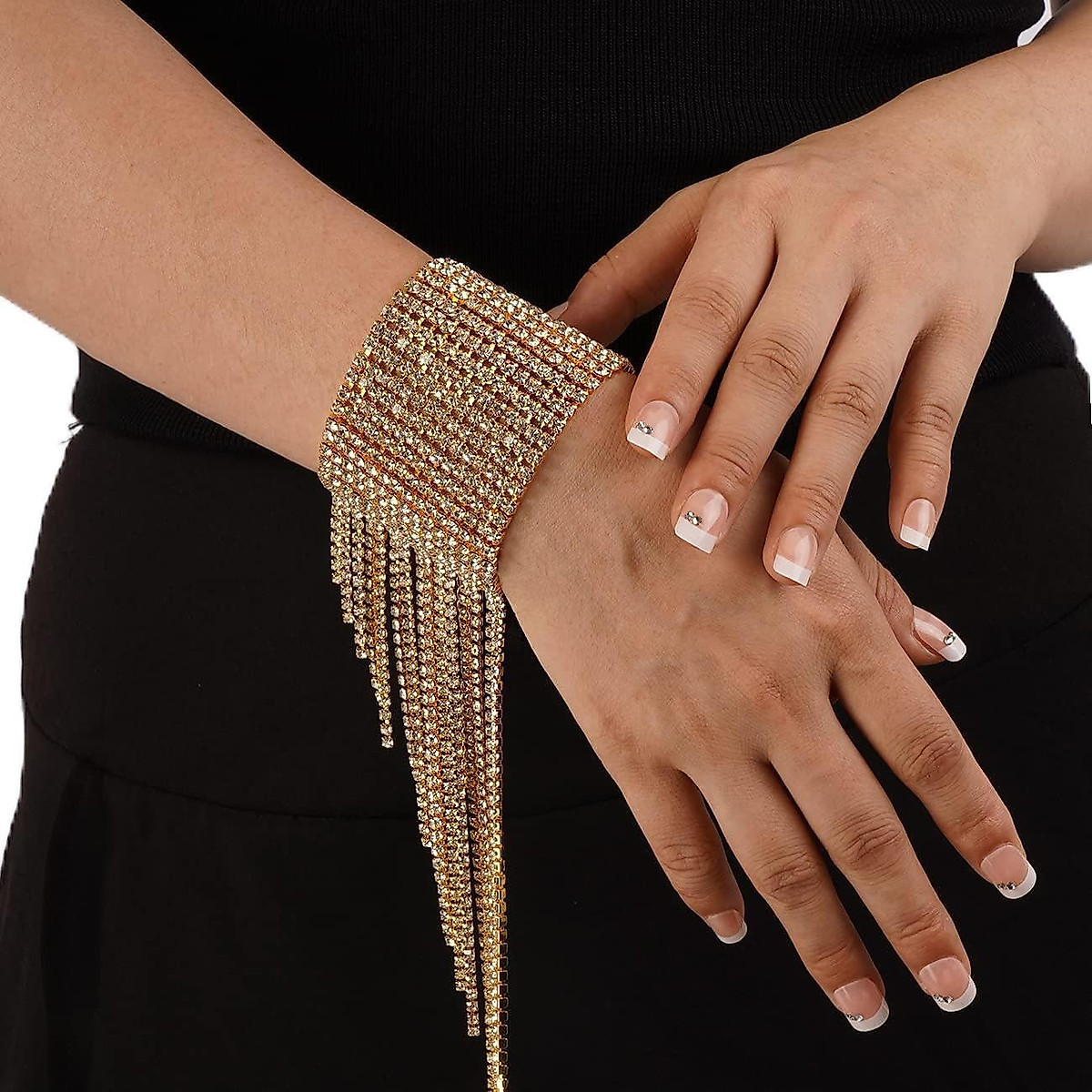 Rumtock Tassel Rhinestones Gold Bracelet Bling Fringe Hand Chain for Women Girls Party Jewelry