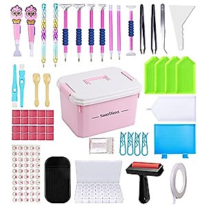SanerDirect 104pcs Diamond Painting Tool kit, Diamond Art Accessories Kit with Big Trays & Light pens, 28 girds Storage Box for DIY Craft