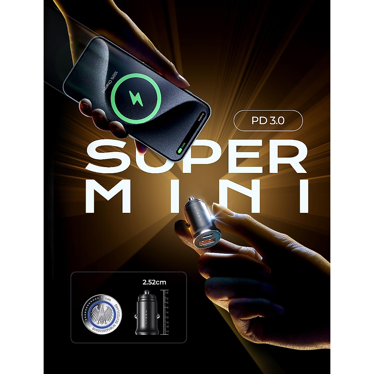 LISEN USB C Car Charger [54W] [Flush Fit] Cigarette Lighter Adapter USB Charger, 36W PD 3.0 2 Port Type C Car Adapter, iPhone Car Charger, for iPhone 15/14/13/12 Series, Samsung S23/S22/S21, iPad