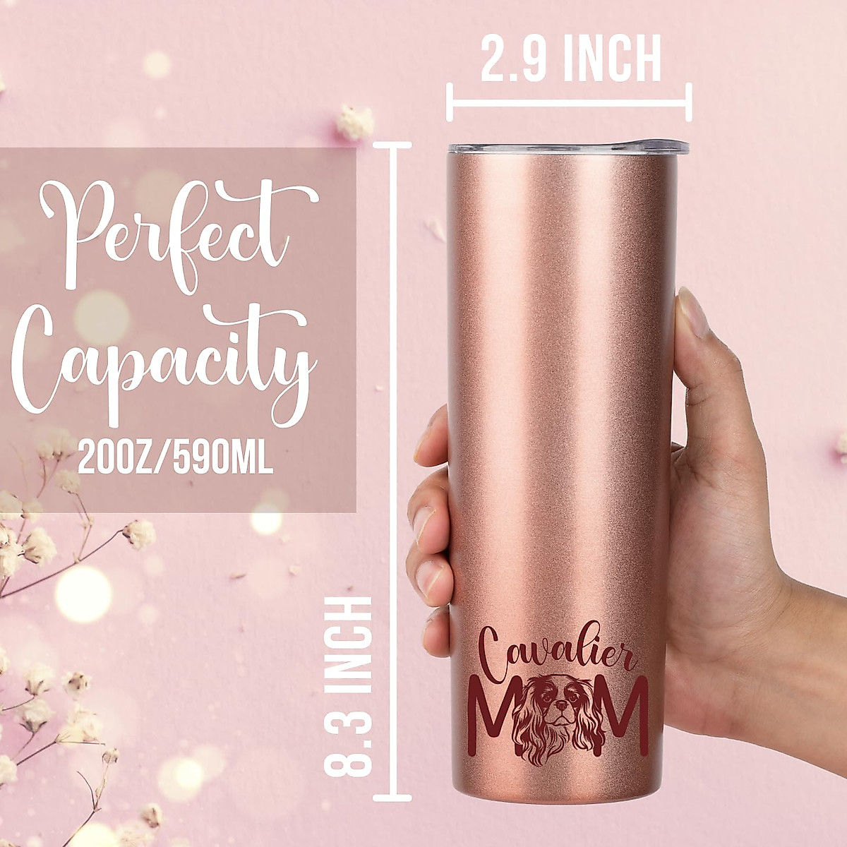 Onebttl Dog Mom Gifts, Dog Lover Gifts for Women, Best Dog Mom Ever, 20 oz Rose Gold Insulated Tumbler - Cavalier Mom