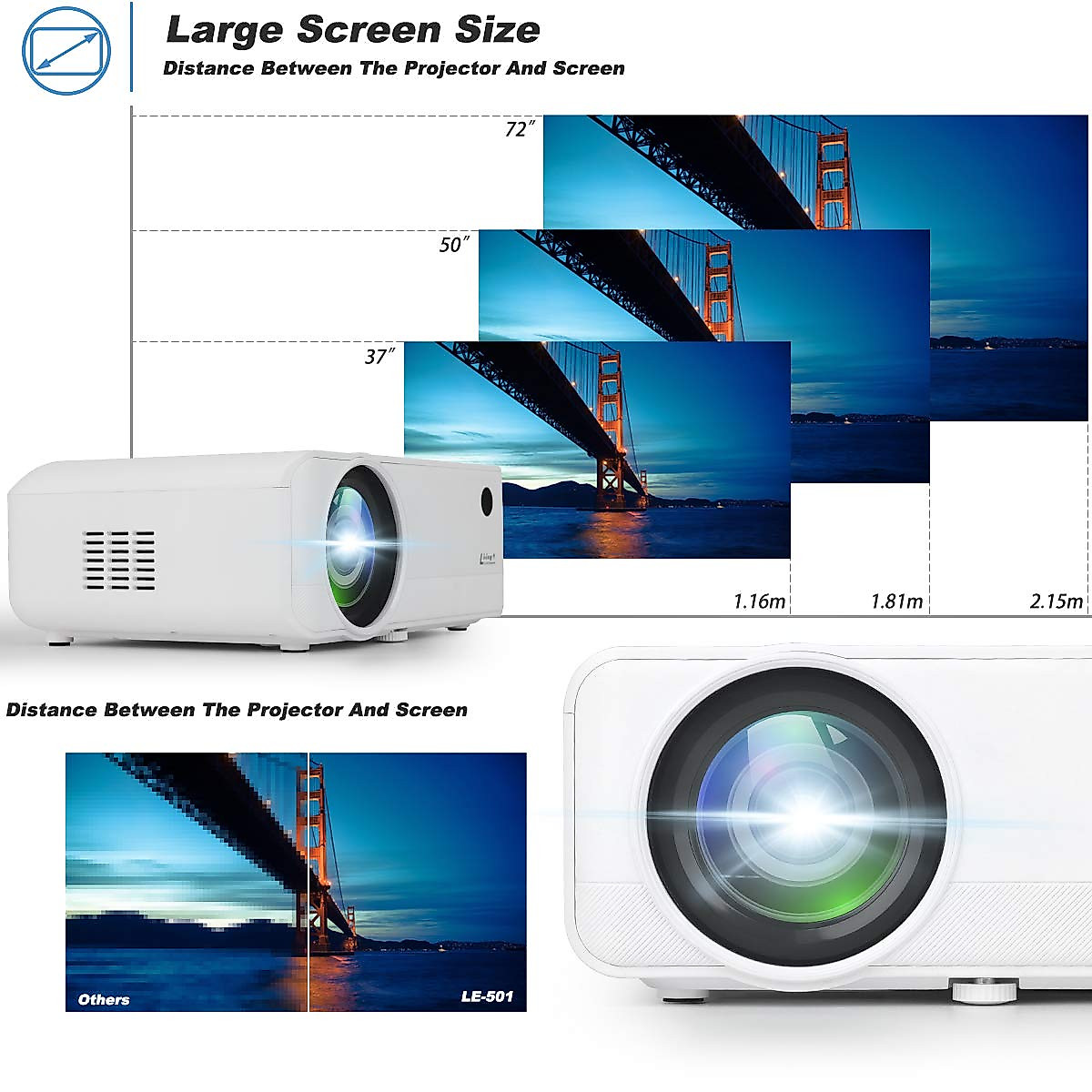 Living Enrichment Mini Projector, 1080P HD Supported Portable Video Projector, 7000 Lumen 50,000 Hours Led Lamp, 200'' Projection Display, Compatible with HDMI VGA USB DVD for Home Entertainment
