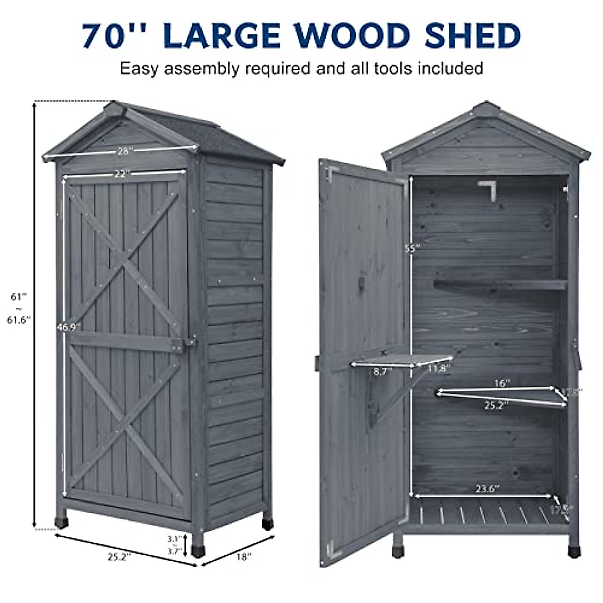 Outdoor Storage Cabinet, Wood Garden Shed, Waterproof Tool Furniture with Shelves, Door, Adjustable Legs for Yard, Patio, Deck