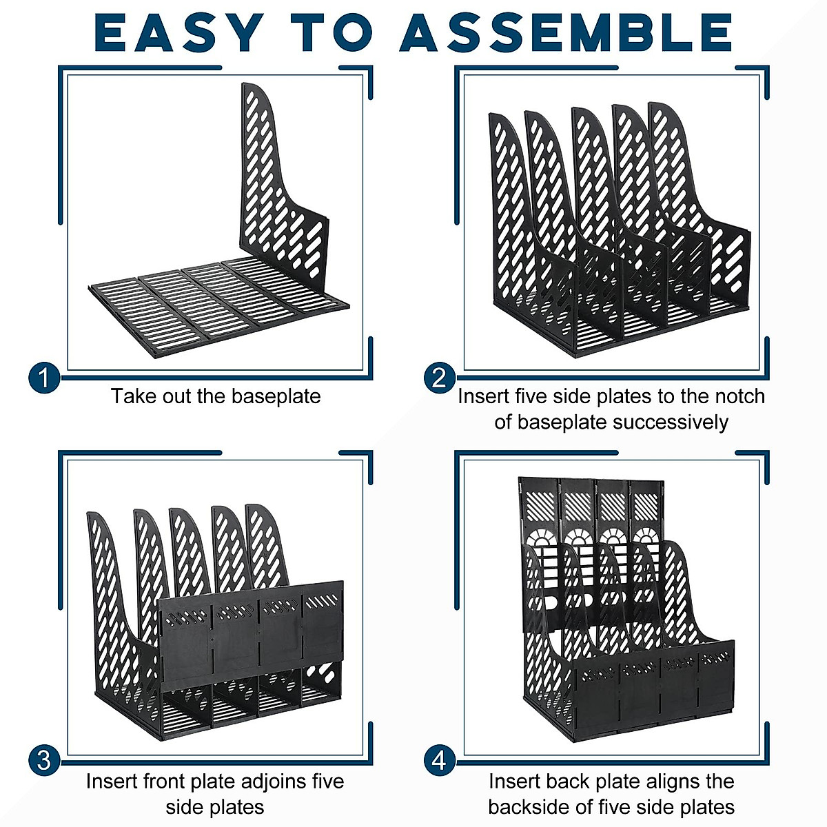 Glenmal 4 Pack Magazine Holder Plastic Magazine File Holder 4 Compartment Binder Holder Magazine Organizer Office Organization and Storage with 4 Vertical Compartments (Stylish,13.39 x 10.24 In)