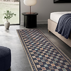 Lahome Checkered Runner Rug, Vintage Hallway Runner Non Slip, Machine Washable Distressed Rug for Kitchen, Retro Runner for Bathroom Laundry Entryway (Purple/Multi, 2.5x8)