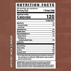 Authentic Vegan Plant Based Protein Powder - 22g of Muscle Building Protein - No Soy, Non-GMO - Sourced from Organic Peas, Mung Beans, Sunflower, Pumpkin & Watermelon Seeds, 30 Servings, Chocolate