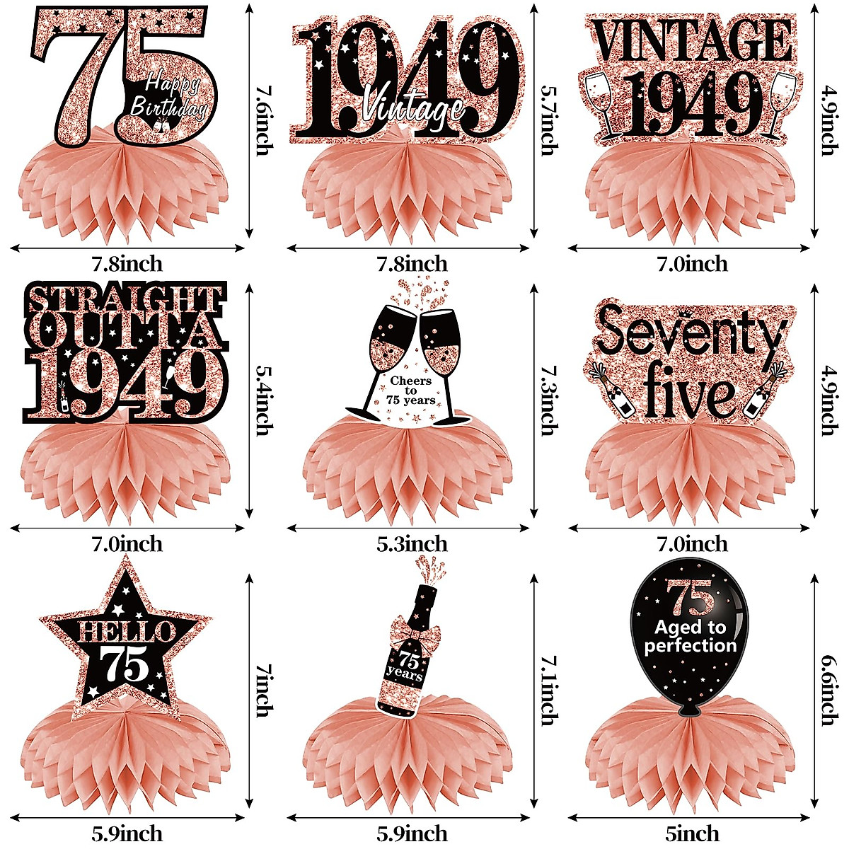 Bumqviy 9Pcs 75th Birthday Honeycomb Centerpieces Decorations with String Lights for Women, Rose Gold Pink Happy 75 Birthday Table Party Supplies, Vintage 1949 Aged to Perfection Birthday Table Sign