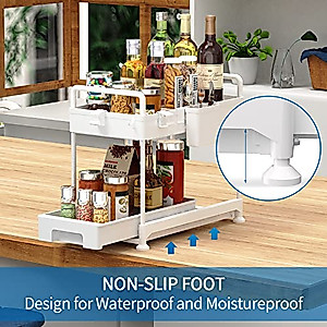 SOLEJAZZ 2-Tier Under Sink Organizer, Sliding Under Bathroom Cabinet Storage Drawer Organizer with Hooks, Hanging Cup, Dividers, Handles, Multi-purpose Under Sink Shelf Organizer, White, 2 Pack