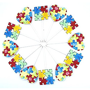 Autism Cupcake Toppers 12 pcs, Puzzle Cake Picks, Colorful Heart Birthday Decoration Party Supplies