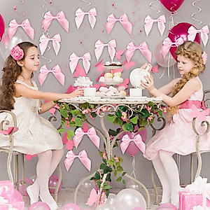 JarThenaAMCS 24Pcs Pink Bow Hanging Swirls Bow Birthday Party Swirl Decorations Ceiling Hanging Streamers for Bridal Baby Shower Bachelorette Party Decor