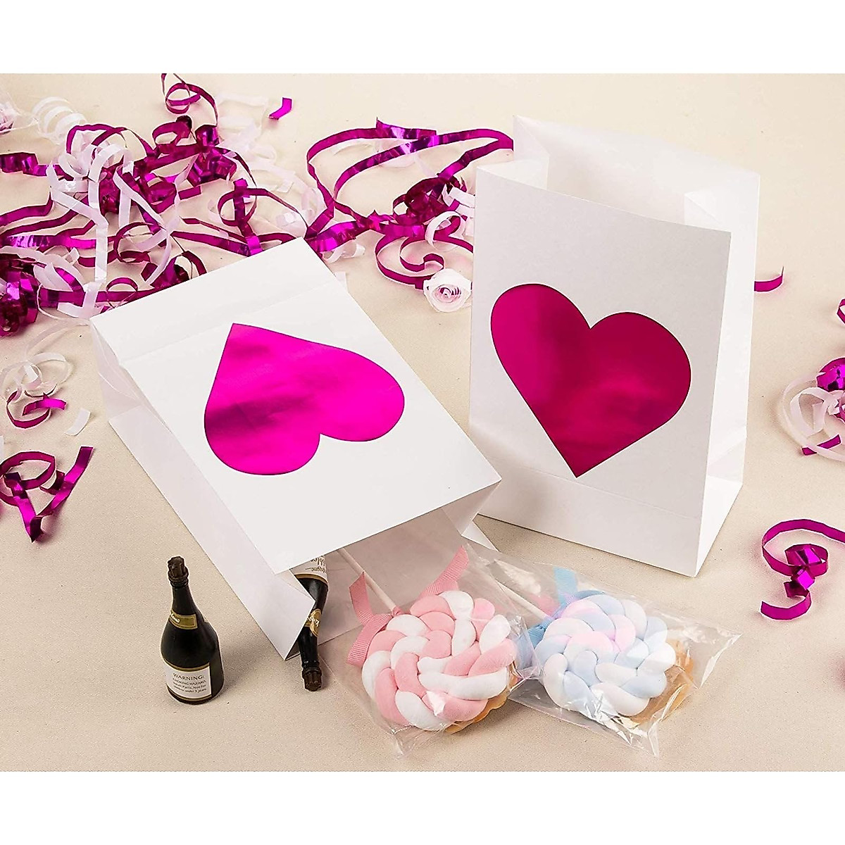 Party Favor Bags with Pink Heart for Valentine's Celebration, Birthdays (5.3 x 8.7 x 3 In, 24 Pack)