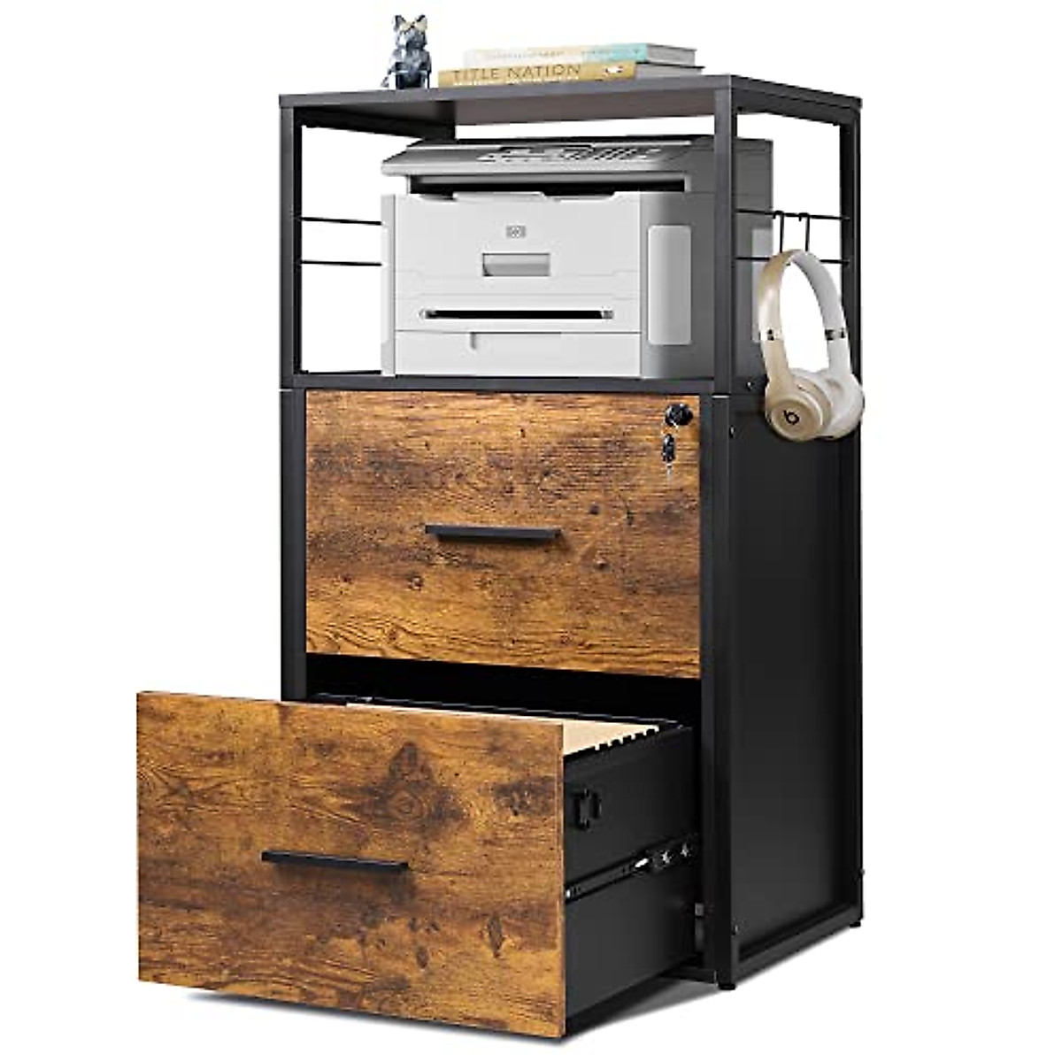 DEVAISE 2 Drawer Lateral File Cabinet with Lock, Filing Cabinet fits Letter/Legal/A4 Size, Large Printer Stand with Storage Shelves for Home Office, Rustic Brown