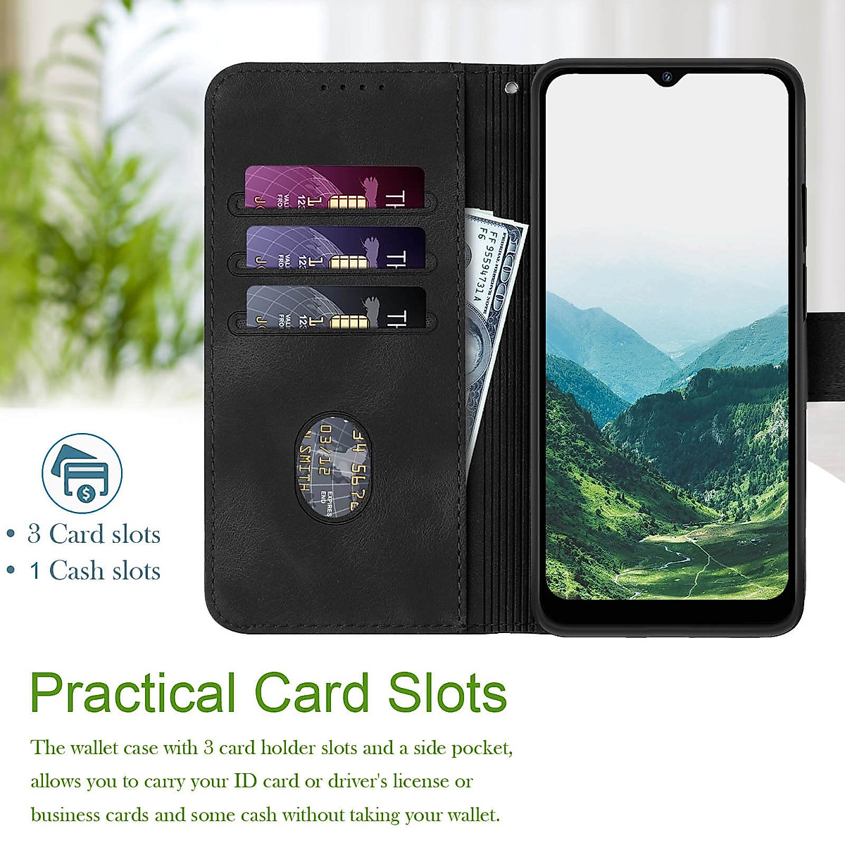 JHWVVTF for Samsung Galaxy A03s (US Version) Phone Case Wallet, Card Holder Leather Kick-Stand, Wrist Strap, Magnetic Closure, Shockproof Protective Pattern Flip Cover (Black)