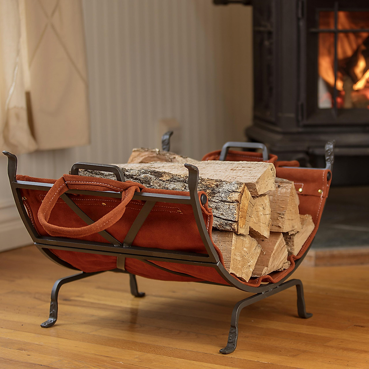 Uniflame Olde World Iron Firewood Log Holder with Suede Leather Carrier