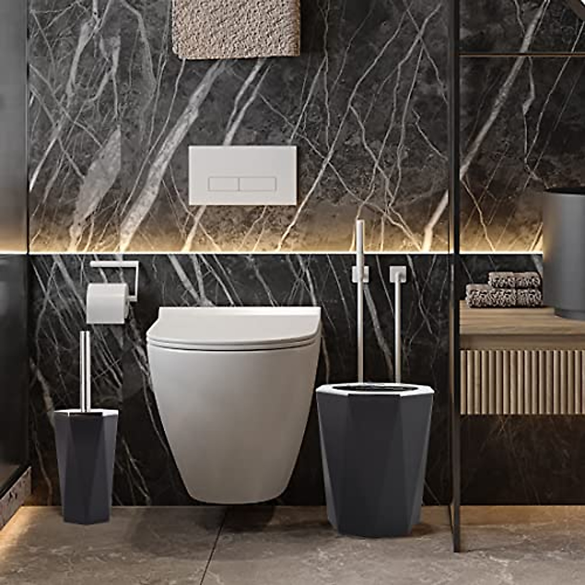 Black Bathroom Accessories Set 8 Piece,Toothbrush Holder Cup Soap Dish Lotion Soap Dispenser Trash can Toilet Brush Holder Cotton Swab Box Bath Set for Decorative Countertop and Housewarming Gift