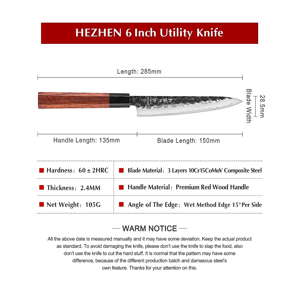 HEZHEN 6" Utility Knife, Clad Steel Composite Forging Steel Universal Knife, Petty Knife Paring Fruit Peeling,Japanese Style Kitchen Knife,Natural Wood Octagonal Handle