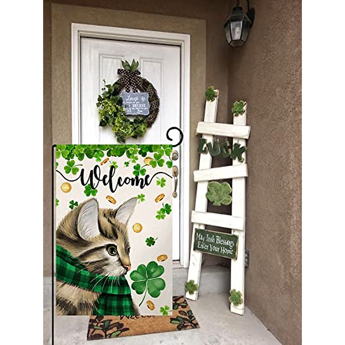 St. Patrick's Day Garden Flag 12x18 Vertical Double Sided Welcome Spring Cat Clover Farmhouse Holiday Outside Decorations Burlap Yard Flag BW242