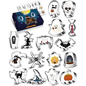 16 Pcs Halloween Cookie Cutters Halloween Set with Decorating Instructions Stainless Steel Pumpkin Witch Hat Cat Bat Skull Ghost Candy Coffin And More