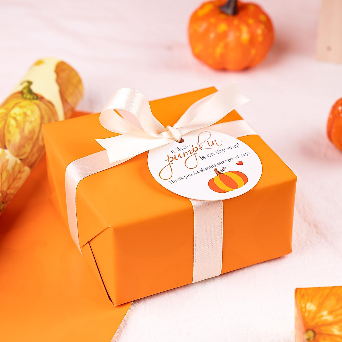 WRAPAHOLIC Reversible Autumn Wrapping Paper - Mini Roll - 17 Inch X 33 Feet - Pumpkin and Maple Leaves Print Design for Birthday, Holiday, Baby Shower