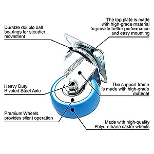 8 Pack Caster Wheels Swivel Plate Casters On Blue Polyurethane Wheels PU