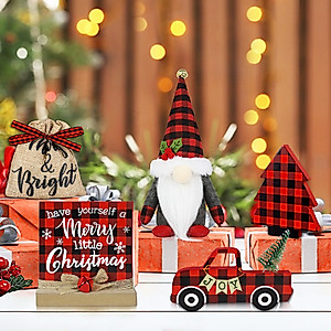 Christmas Tiered Tray Decor Set - Christmas Decorations Indoor, Rustic Farmhouse Wood Bead Garland Buffalo Plaid Gnome Christmas Wooden Sign for Home Kitchen Table Mantel Party Decor