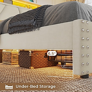AOGLLATI Queen Bed Frame with Storage Drawers, Charging Station, Upholstered Led Bed Frame Queen Size with Storage Headboard, No Box Spring Needed, Beige